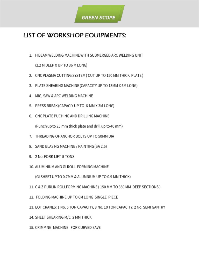 Workshop Equipment for Fabrication | PDF
