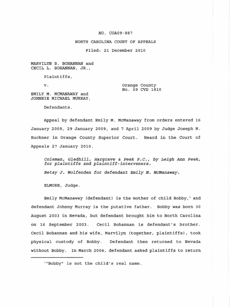 NC Child Custody Appeal Case Summary | PDF | Child Custody | Consent Decree