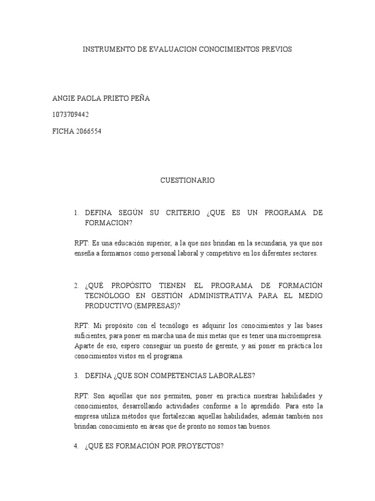 Evaluacion de Aprendizaje y Conocimientos Previos Angie Prieto | PDF ...