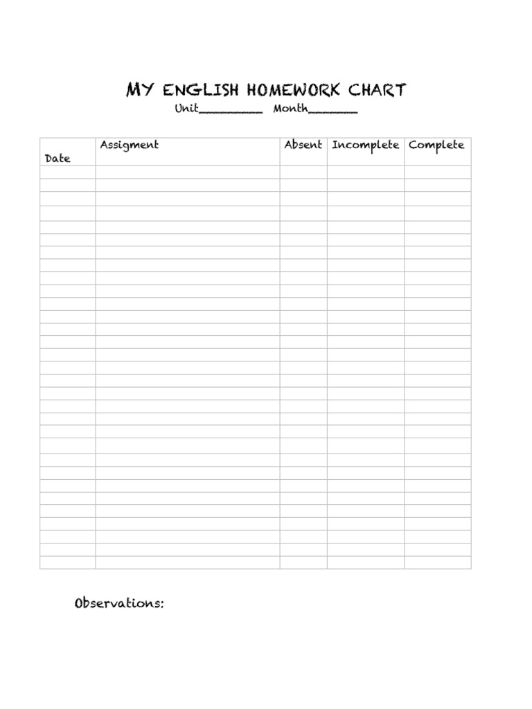 MY ENGLISH HOMEWORK CHART