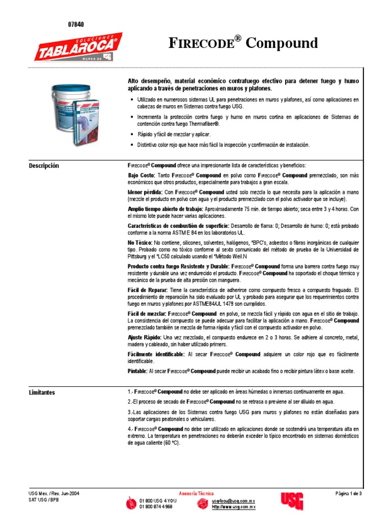 Firecode Compound | PDF | Paneles de yeso | Bomba