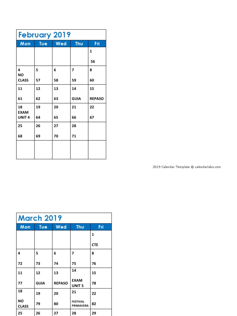 February 2019: Mon Tue Wed Thu Fri | PDF