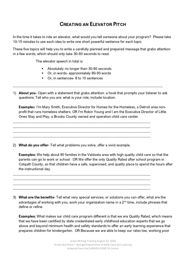 Creating An Elevator Pitch Worksheet | PDF | Early Childhood Education | Cognition