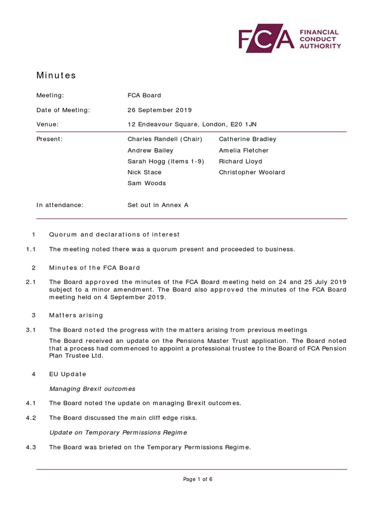 Minutes of the FCA Board Meeting on 26 September 2019: An Overview of ...