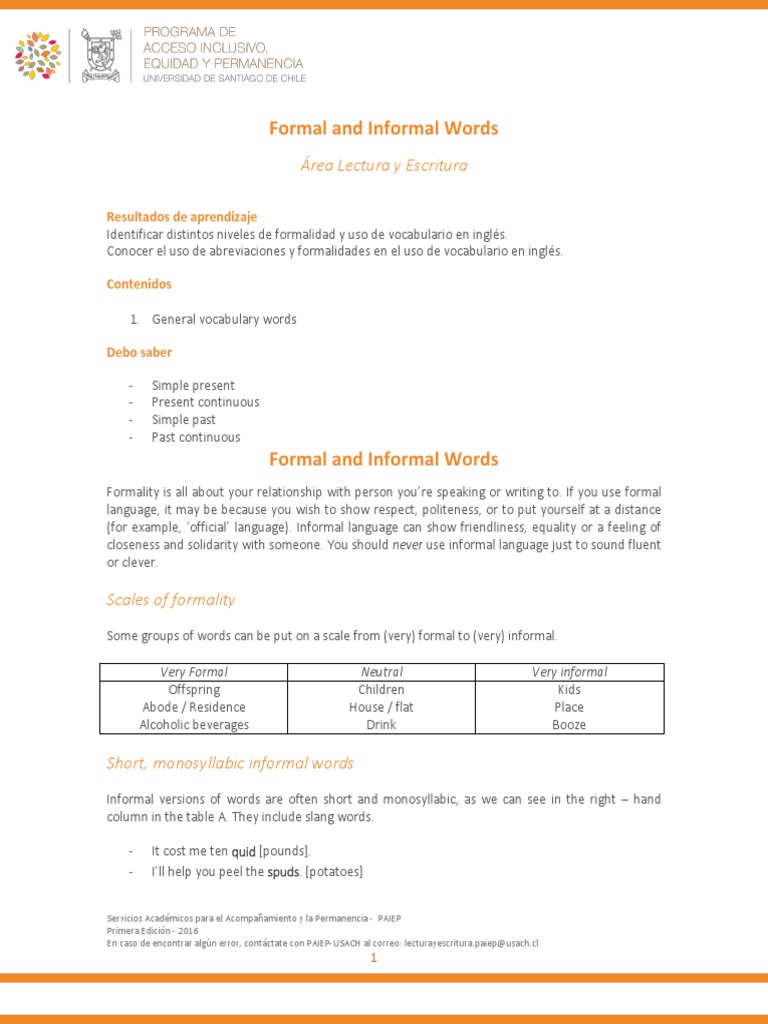 Formal vs Informal Vocabulary Guide | PDF | Linguistics | Semiotics
