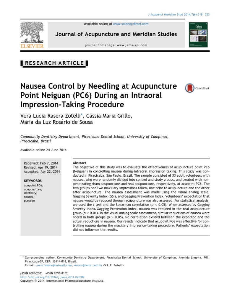 Nausea Control by Needling at Acupuncture Point Neiguan (PC6) During An ...