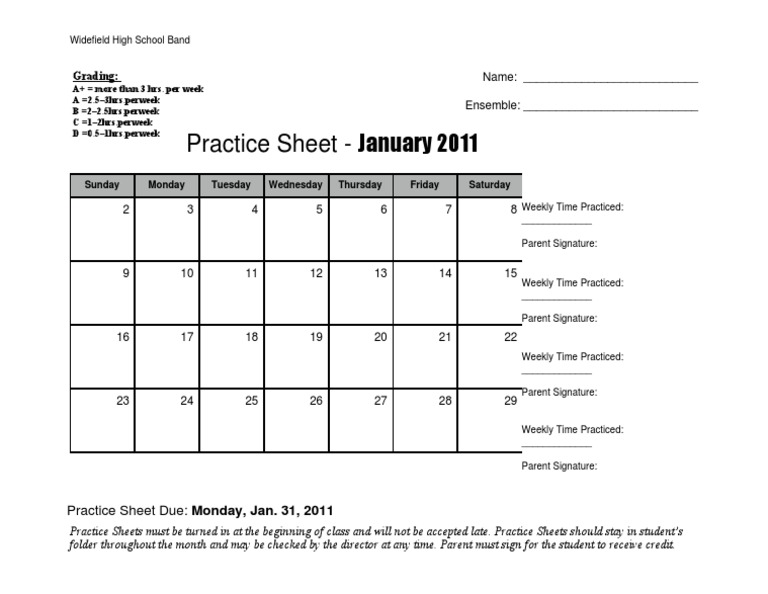 January 2011 Band Practice Sheet | PDF | Leisure | Sports