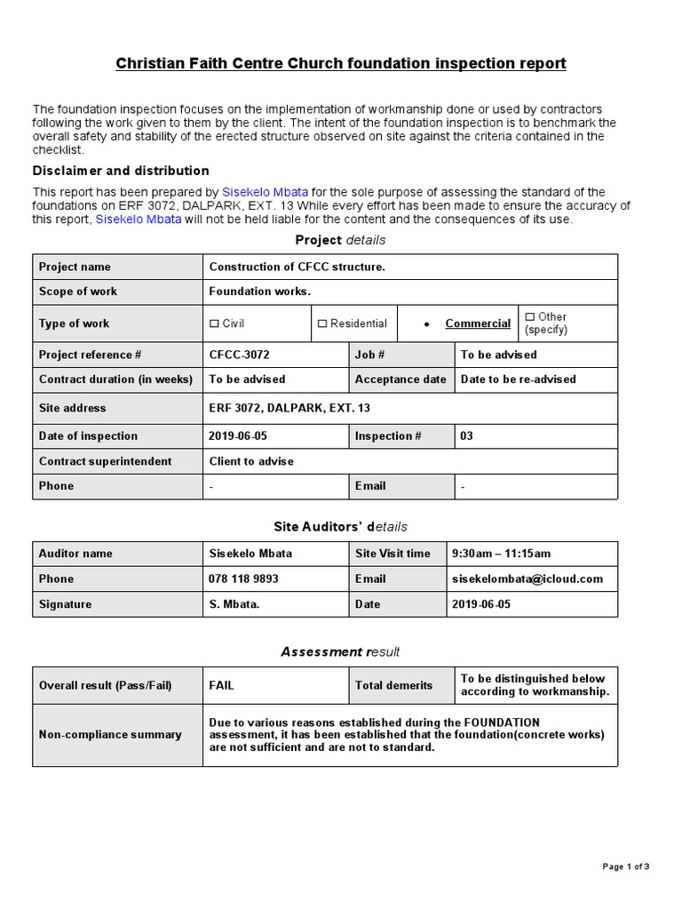Foundation-Inspection-Report CCFC | PDF | Concrete | Business
