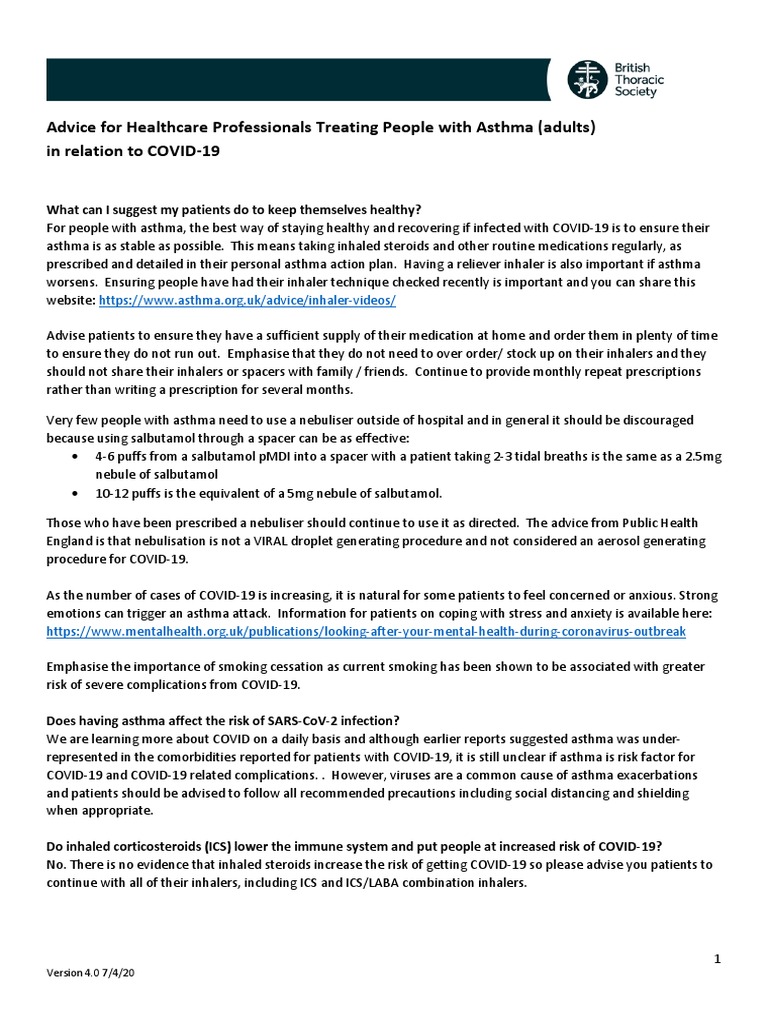 BTS Guidelines for Asthma and COVID-19 | PDF | Asthma | Corticosteroid