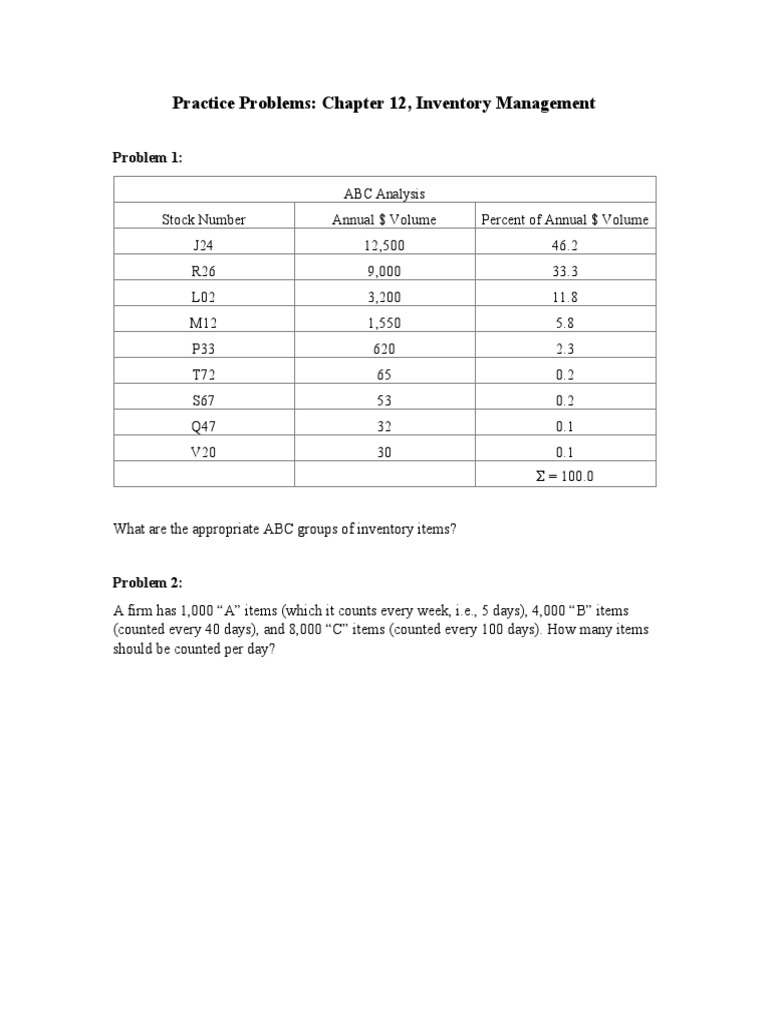 Practice Problems: Chapter 12, Inventory Management: Problem 1 | PDF ...