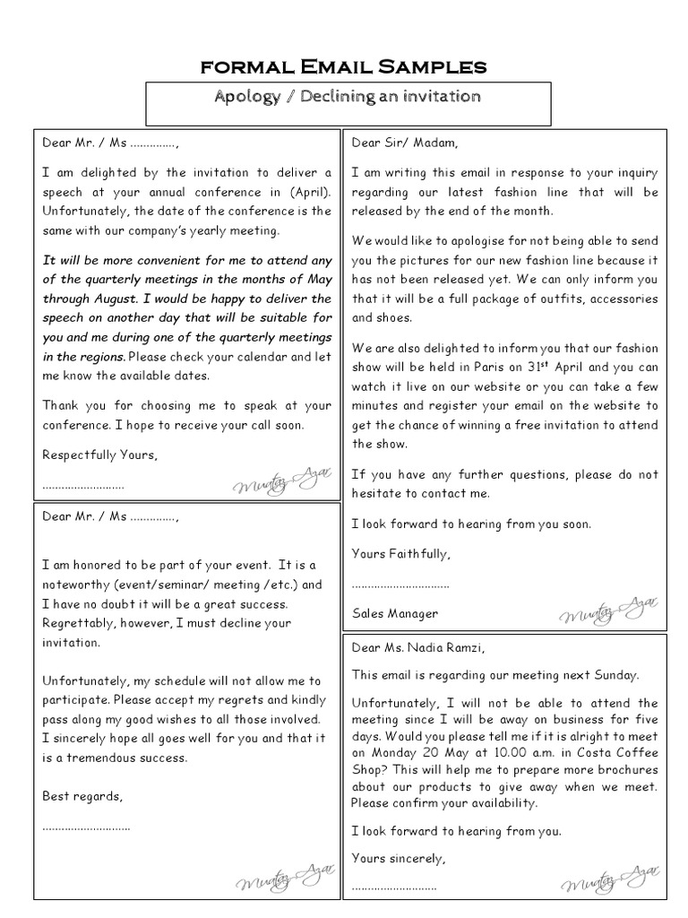 Formal Email Samples (Apologizing - Declining An Invitation) | PDF
