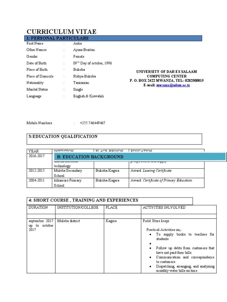 Curriculum Vitae: 1: Personal Particulars | PDF | Tanzania | Behavior ...