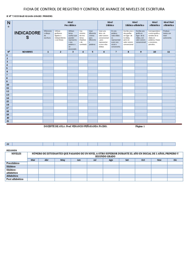 Ficha de Registro de Niveles de Escritura | PDF | Sílaba | Alfabeto
