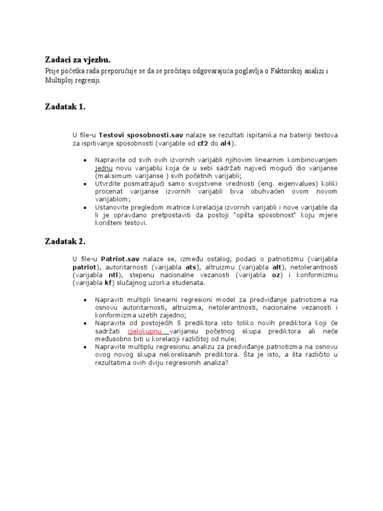 Zadaci Za Vjezbu Analiza Glavnih Komponenti PCA | PDF