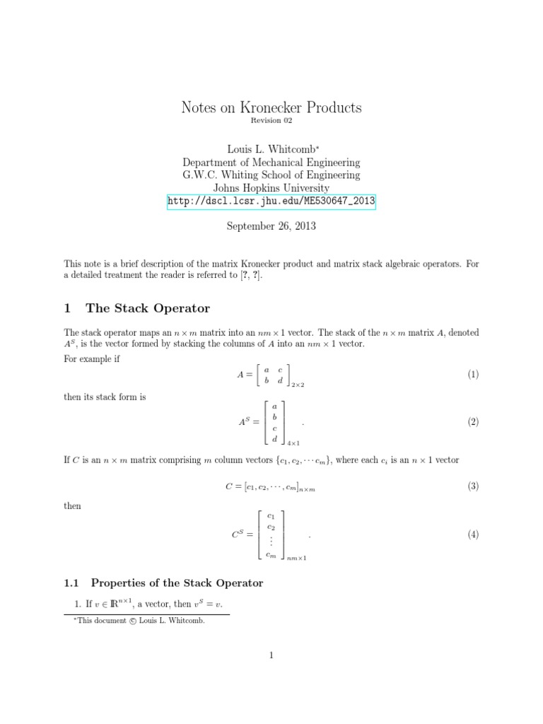 Notes On Kronecker Products: 1 The Stack Operator | PDF | Matrix ...