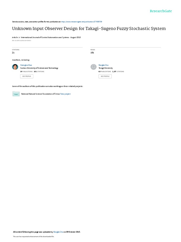 Unknown Input Observer Design For Takagi-Sugeno Fuzzy Stochastic System | PDF | Matrix ...