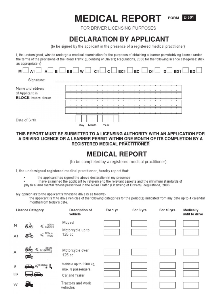 Medical Report D 501 Form | PDF | Driver's License | Vehicles