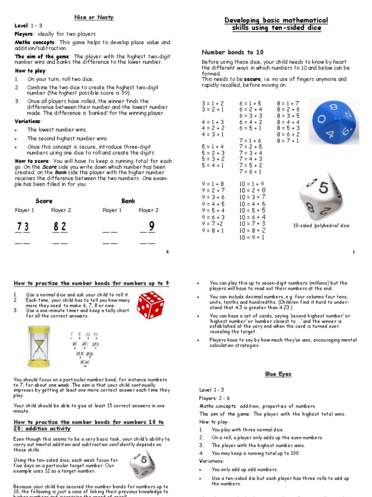 How To Use Dice Games To Develop Basic Number Bonds | PDF | Dice | Numbers