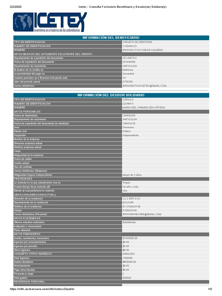 Icetex - Consulta Formulario Beneficiario y Deudor (Es) Solidario(s ...