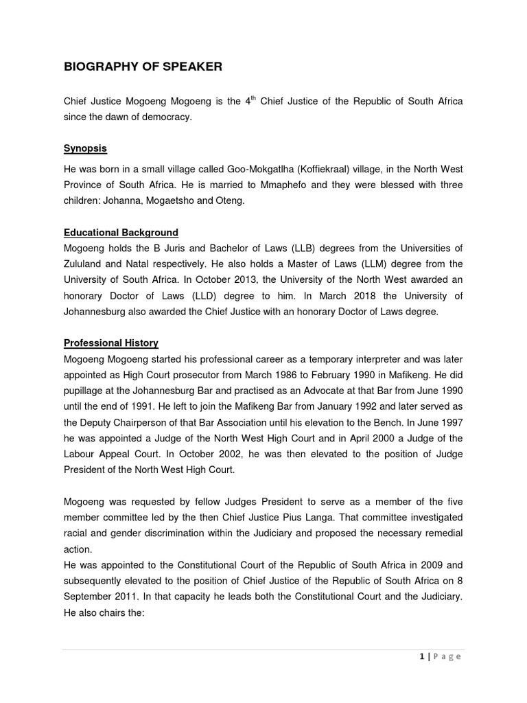 Chief Justice Mogoeng Mogoeng Biography | PDF | Judge | Judiciaries