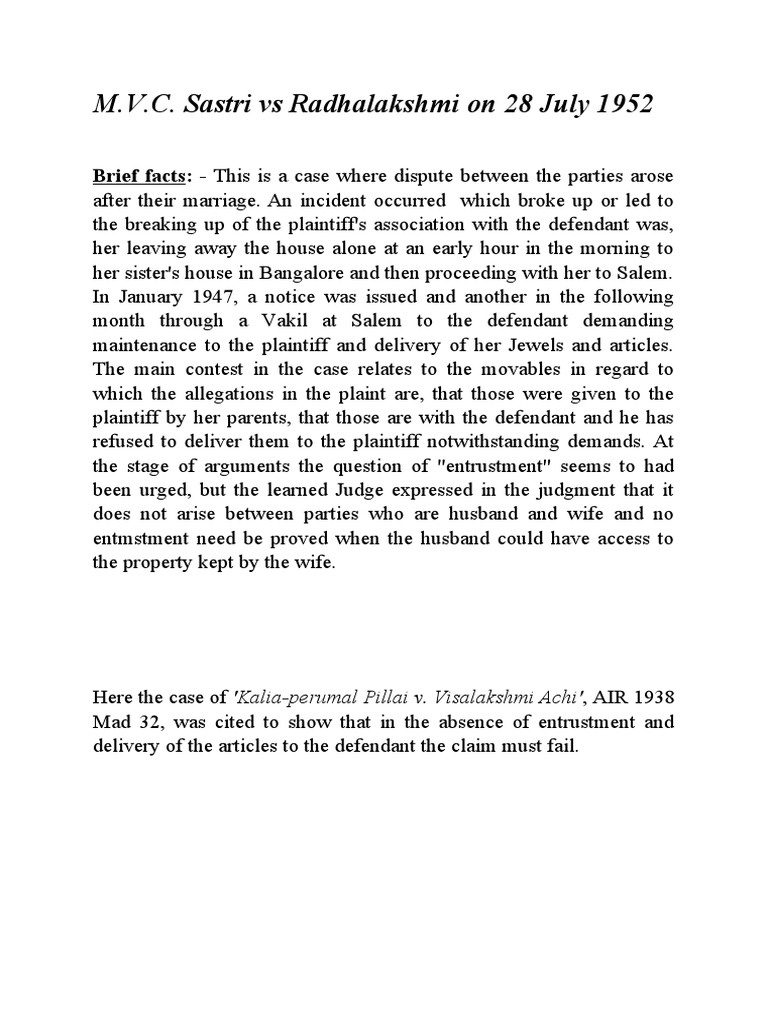 M.V.C. Sastri Vs Radhalakshmi | PDF