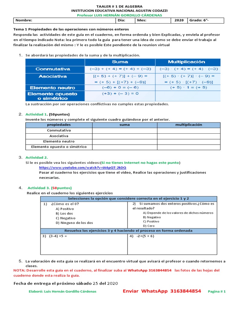 Guia 1 Propiedades de Las Operaciones Con Números Enteros | PDF ...