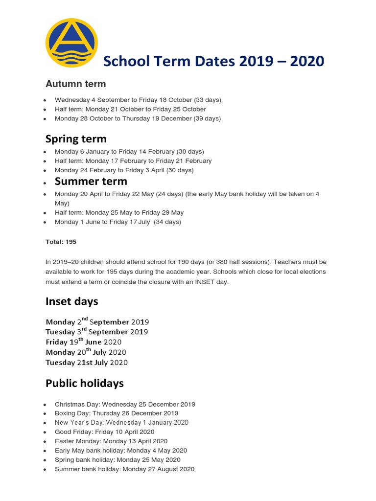 Calendar School Term Dates 2019 2020 | PDF