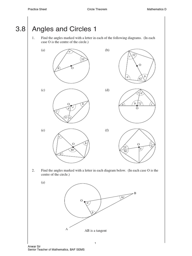 3.8 Angles and Circles 1: Practice Sheet Circle Theorem Mathematics D ...