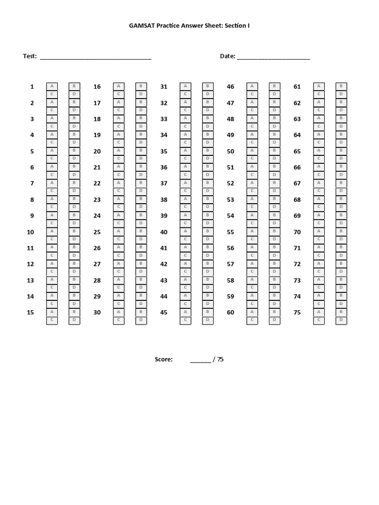 GAMSAT Practice Answer Sheet | PDF | Data Collection | Tests