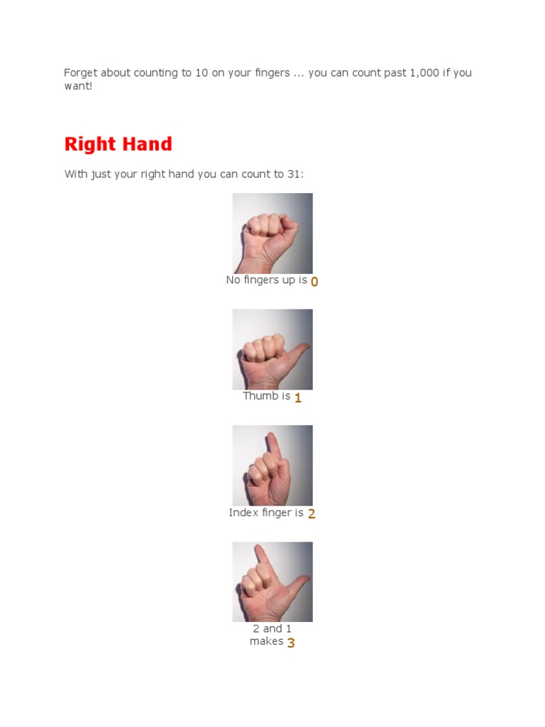 Counting Binary With Your Fingers | PDF | Finger | Hand