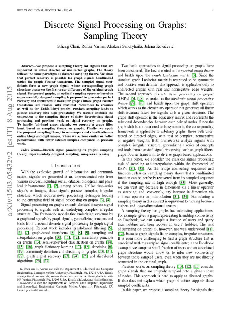 Discrete Signal Processing On Graphs: Sampling Theory: Siheng Chen, Rohan Varma, Aliaksei ...