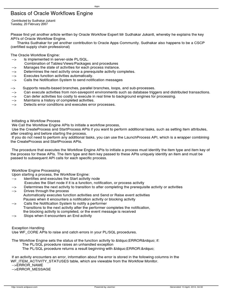Basics of Oracle Workflows Engine | PDF | Pl/Sql | Computer Data
