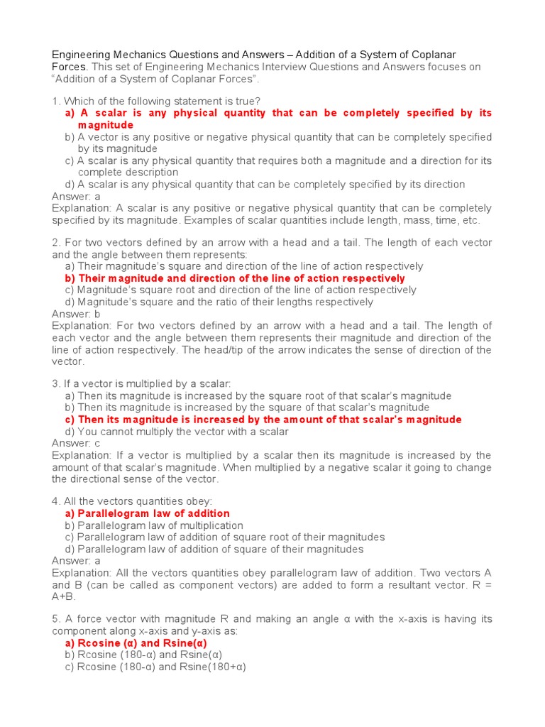 Engineering Mechanics Questions and Answers - Addition of A System of ...