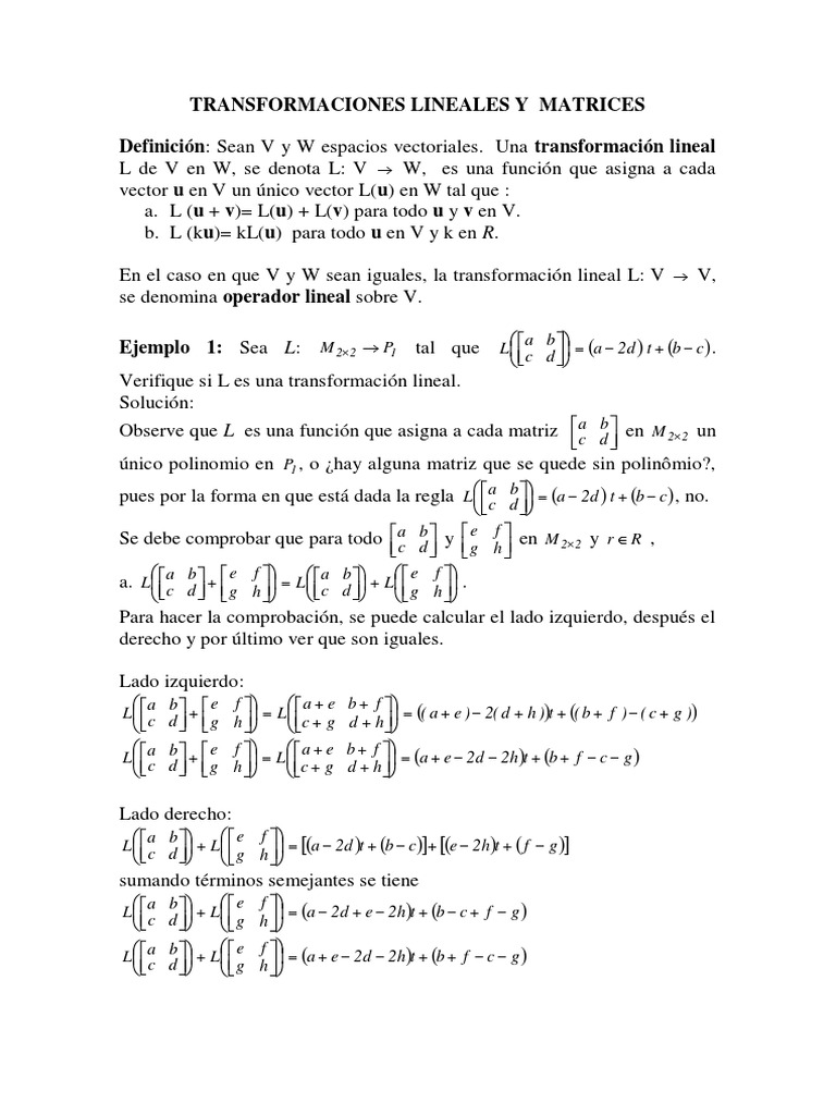 Transformaciones lineales y matrices: definiciones y ejemplos | PDF | Mapa lineal | Espacio ...