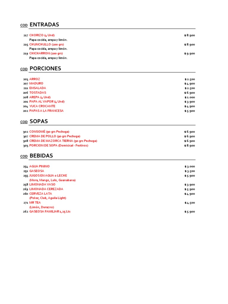 Menú Completo Restaurante Pinino | PDF | Cerdo | Parilla