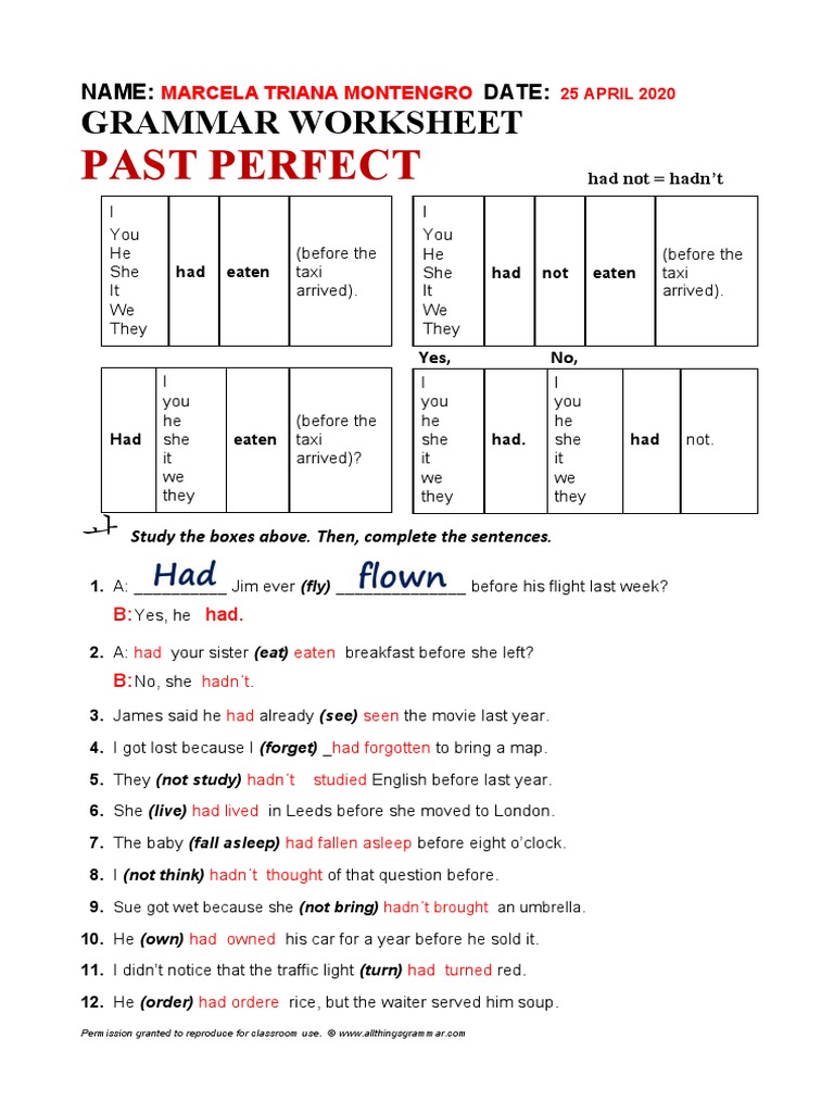 Past Perfect: Grammar Worksheet | PDF