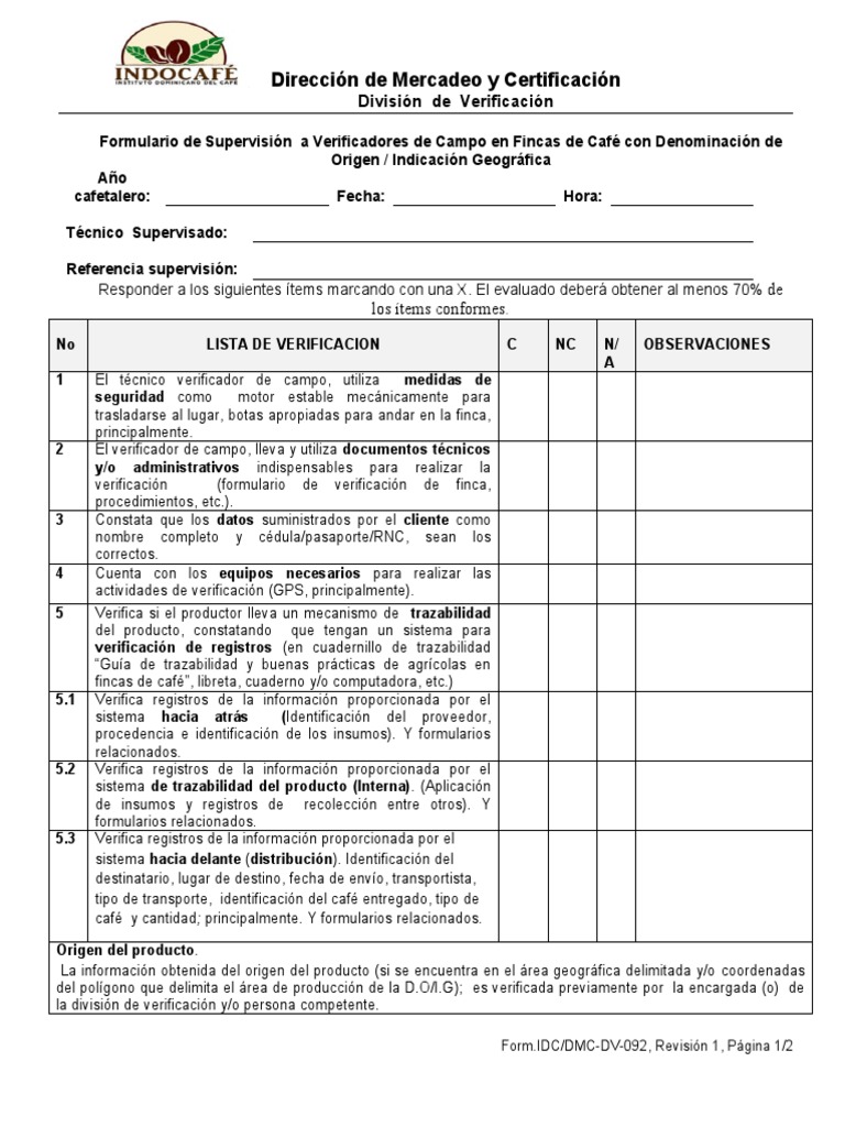FORM. CDC DMC-DV-092 Formulario de Supervision A Verificadores de Campo ...