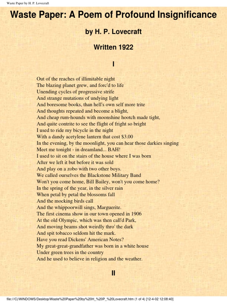 H. P. Lovecraft - Waste Paper - A Poem of Profound Insignificance PDF | PDF
