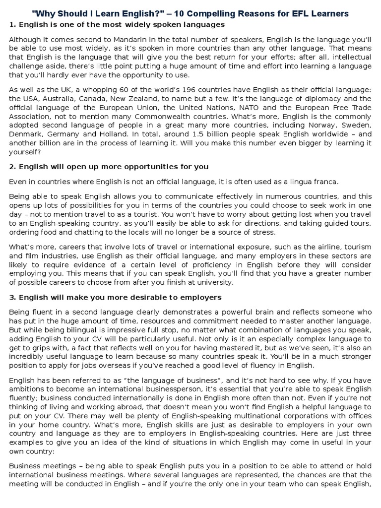 Why Should I Learn English | PDF | English Language | Communication