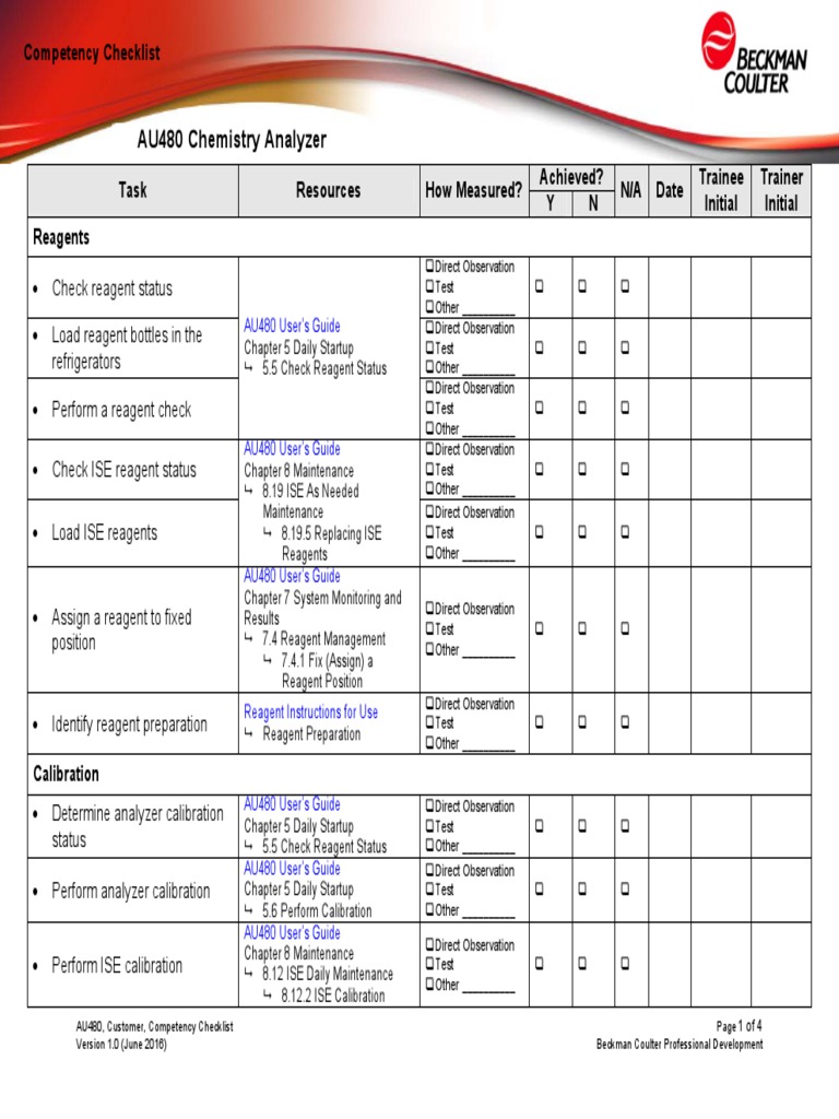 AU480 Chemistry Analyzer: Competency Checklist | PDF | Calibration ...