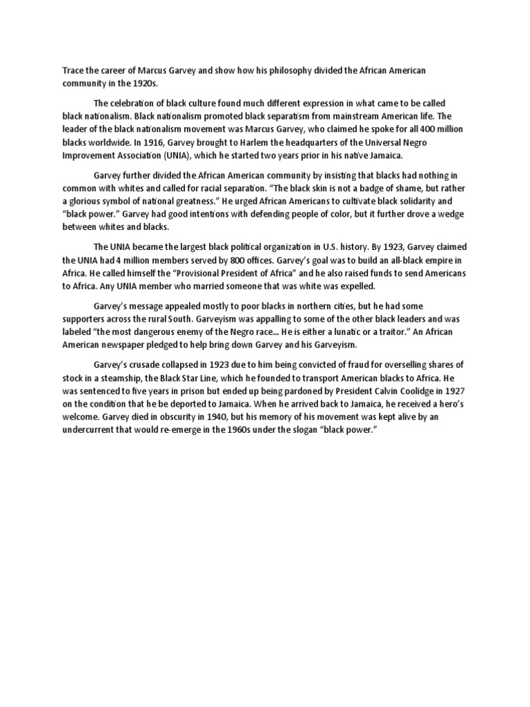 Trace The Career of Marcus Garvey and Show How His Philosophy Divided ...