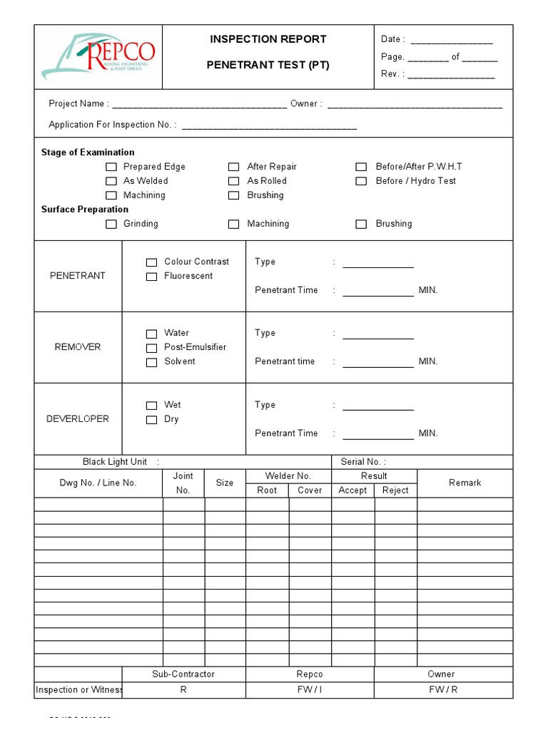 Pc-Me-F-0019-000 Inspection Report Penetrant Test (PT) | PDF