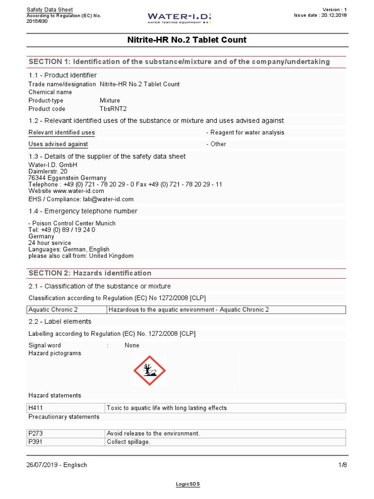 No.2 Tablet Count - Nitrite HR (EN) | PDF | Toxicity | Dangerous Goods