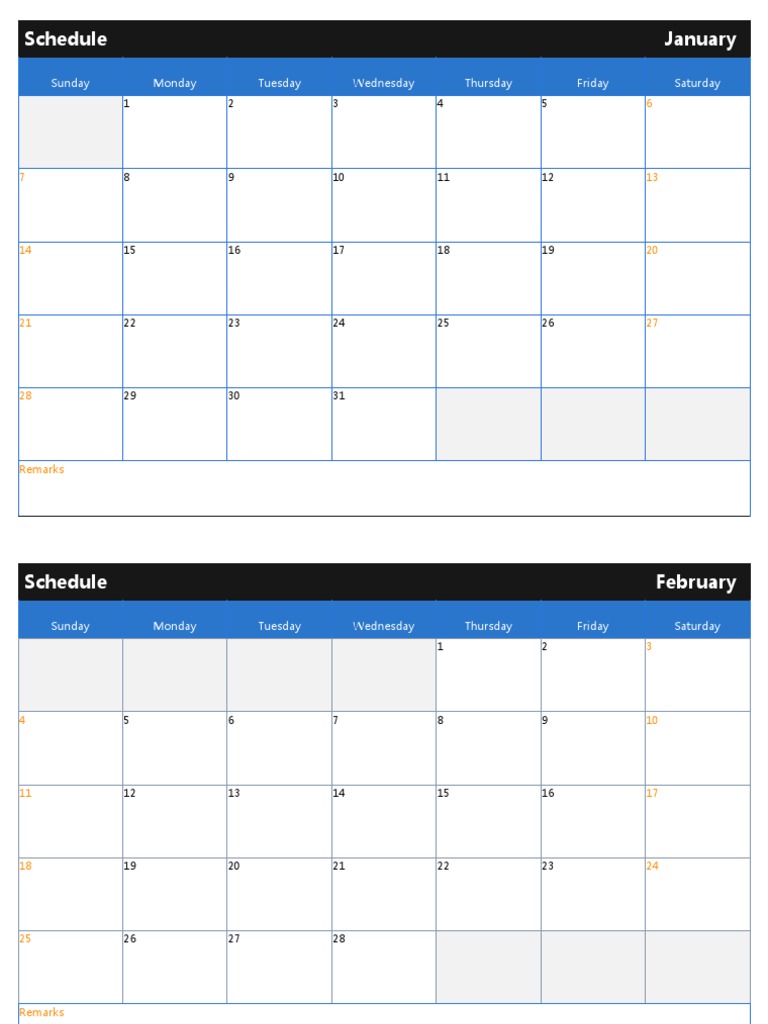 Schedule January: Sunday Monday Tuesday Wednesday Thursday Friday ...