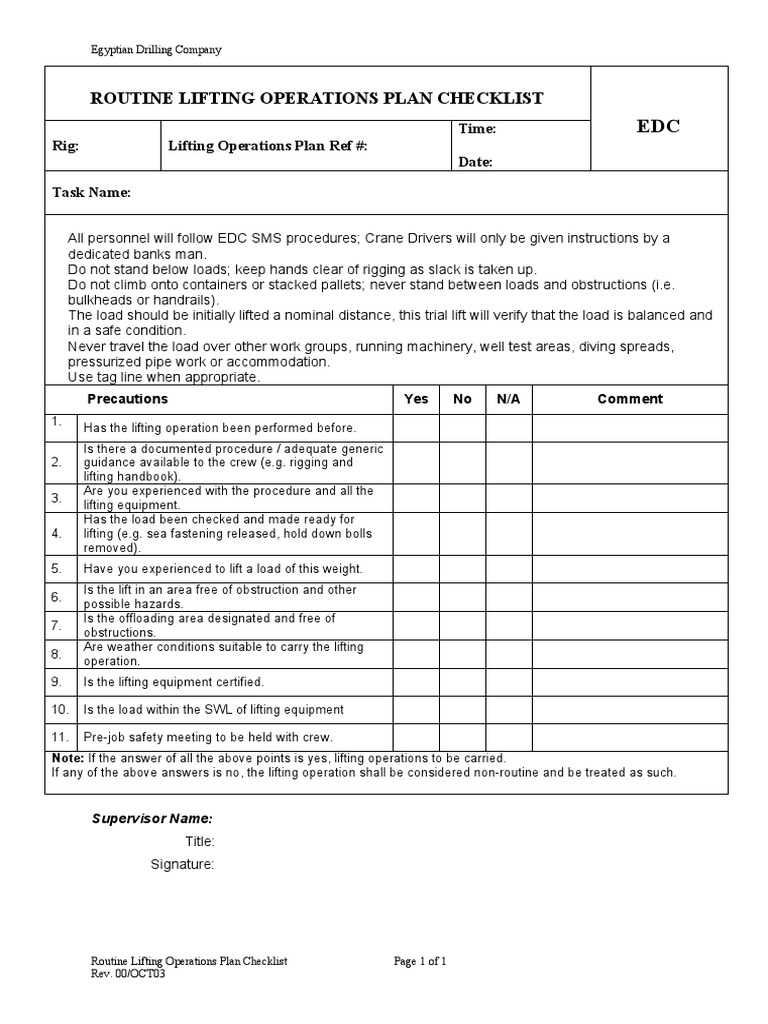 Routine Lift Plan Check List | PDF