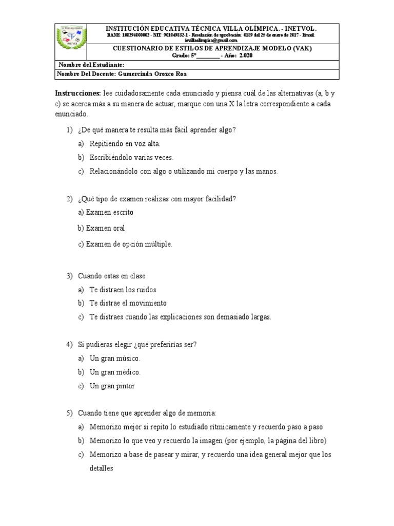 Estilos de Aprendizaje Modelo Vak | PDF | Prueba (evaluación) | Aprendizaje