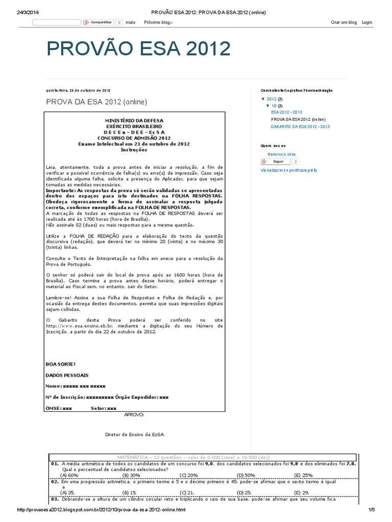 Prova ESA 2012: Questões e Gabarito | PDF | Aliados da Segunda Guerra ...