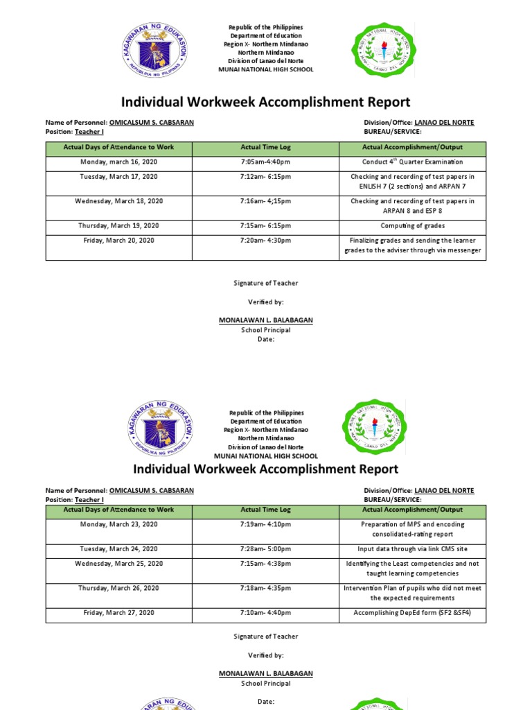 Teacher Workweek Accomplishment Report | PDF | Workweek And Weekend ...