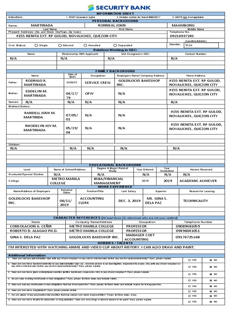 Information Sheet Personal Background: Telephone No | PDF | Credit ...