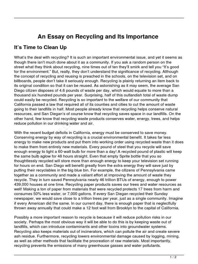 An Essay On Recycling and Its Importance 2 | PDF | Recycling | Reuse